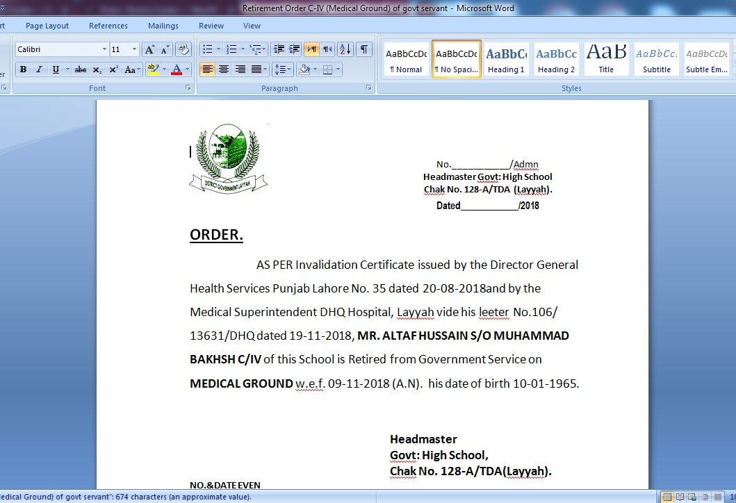 Retirement Order C-IV (Medical Ground) of govt servant - Roshni Center
