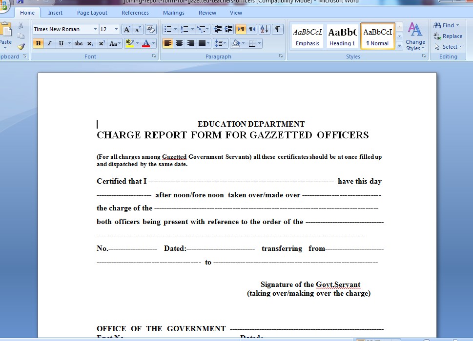 CHARGE REPORT FORM FOR GAZZETTED And Non Gazzatted OFFICERS Roshni Center CHARGE REPORT FORM FOR GAZZETTED And Non Gazzatted OFFICERS Roshni Center
